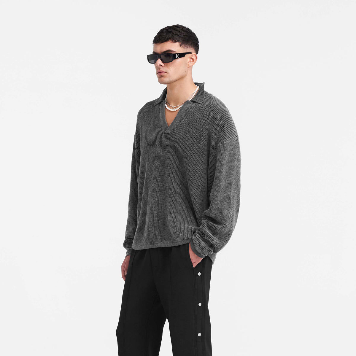 Ribbed Knit Oversized Polo | Washed Black | REPRESENT CLO